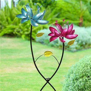 Accents | Wind Spinner Lotus Flower Garden Stake With 2 Flowers 19 X 47 ...